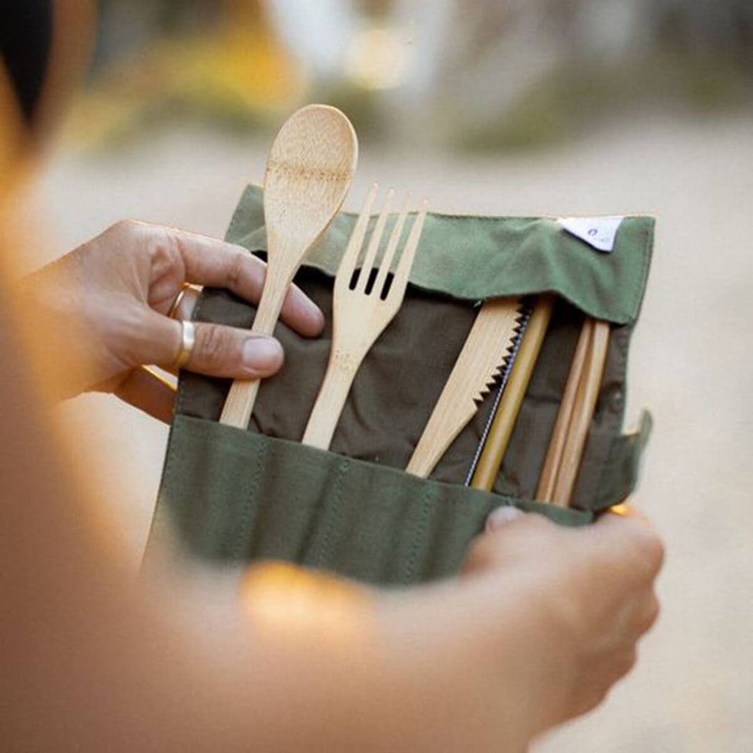 Bamboo Cutlery Roll-Up Set - Olive | Flora & Fauna AU